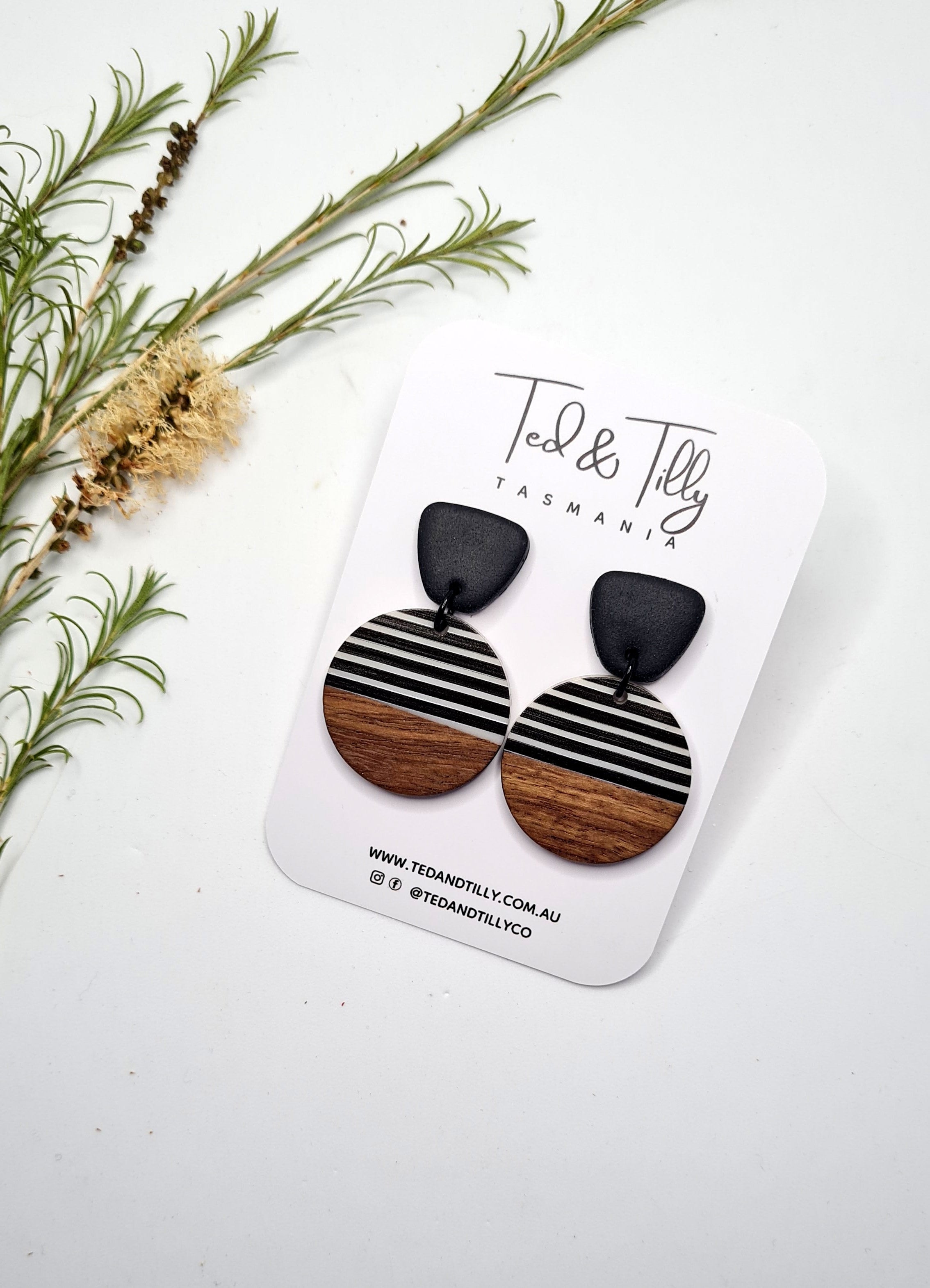 Black and Timber Striped Statement Earrings | Ted & Tilly ♡ Tasmanian handmade Earrings and Pendants